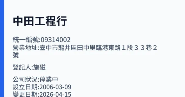 中田工程行的照片-統編 09314002(臺中市) 公司登記資料與營業項目詳細圖表