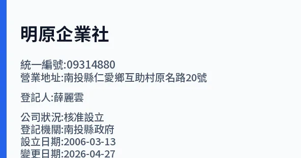 明原企業社的照片-統編 09314880(南投縣) 公司登記資料與營業項目詳細圖表
