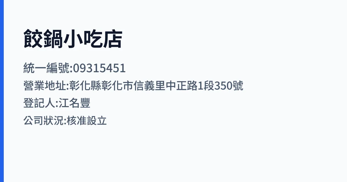 餃鍋小吃店 - 統編 09315451(彰化縣) 公司登記資料與營業項目詳細圖表