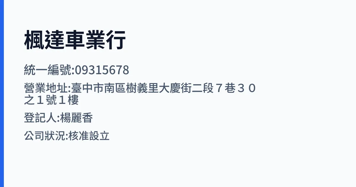 楓達車業行 - 統編 09315678(臺中市) 公司登記資料與營業項目詳細圖表