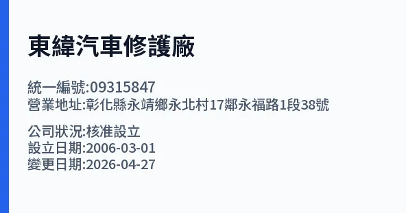 東緯汽車修護廠的照片-統編 09315847(彰化縣) 公司登記資料與營業項目詳細圖表