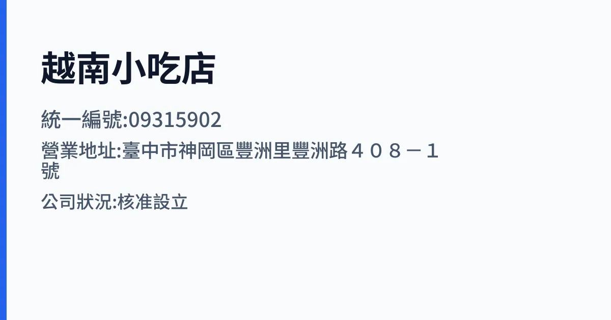 越南小吃店 - 統編 09315902(臺中市) 公司登記資料與營業項目詳細圖表