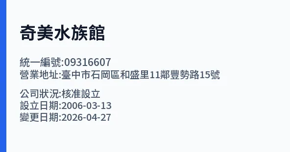 奇美水族館的照片-統編 09316607(臺中市) 公司登記資料與營業項目詳細圖表