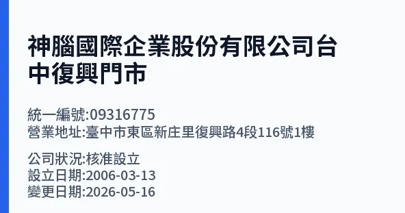 神腦國際企業股份有限公司台中復興門市的照片-統編 09316775(臺中市) 公司登記資料與營業項目詳細圖表
