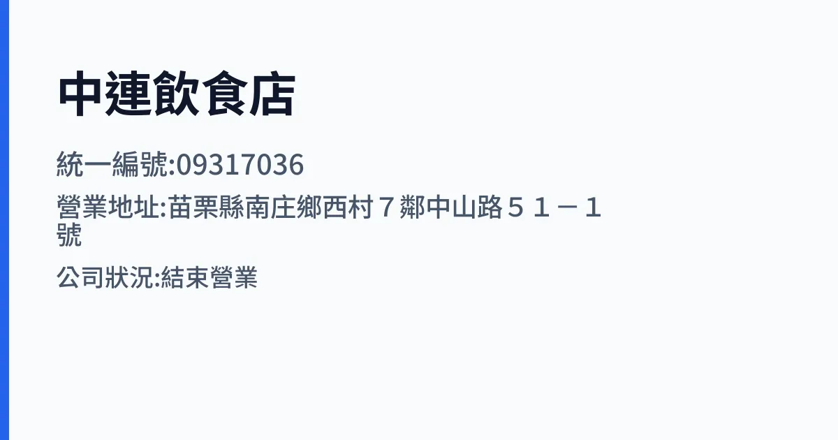 中連飲食店 - 統編 09317036(苗栗縣) 公司登記資料與營業項目詳細圖表