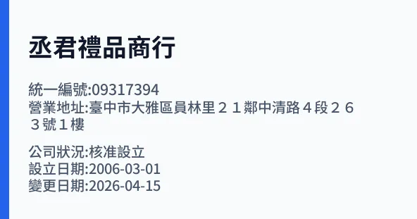 丞君禮品商行的照片-統編 09317394(臺中市) 公司登記資料與營業項目詳細圖表