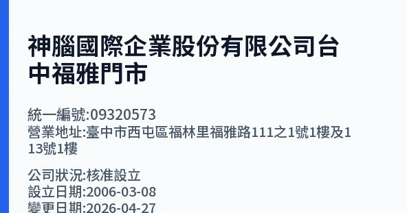 神腦國際企業股份有限公司台中福雅門市的照片-統編 09320573(臺中市) 公司登記資料與營業項目詳細圖表