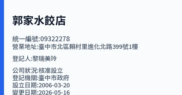 郭家水餃店的照片-統編 09322278(臺中市) 公司登記資料與營業項目詳細圖表