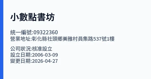 小數點書坊的照片-統編 09322360(彰化縣) 公司登記資料與營業項目詳細圖表