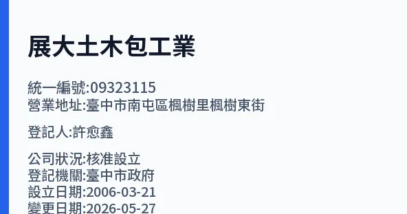 展大土木包工業的照片-統編 09323115(臺中市) 公司登記資料與營業項目詳細圖表