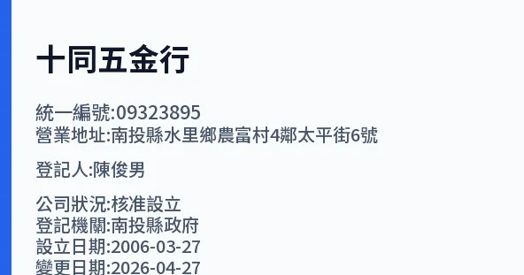 十同五金行的照片-統編 09323895(南投縣) 公司登記資料與營業項目詳細圖表