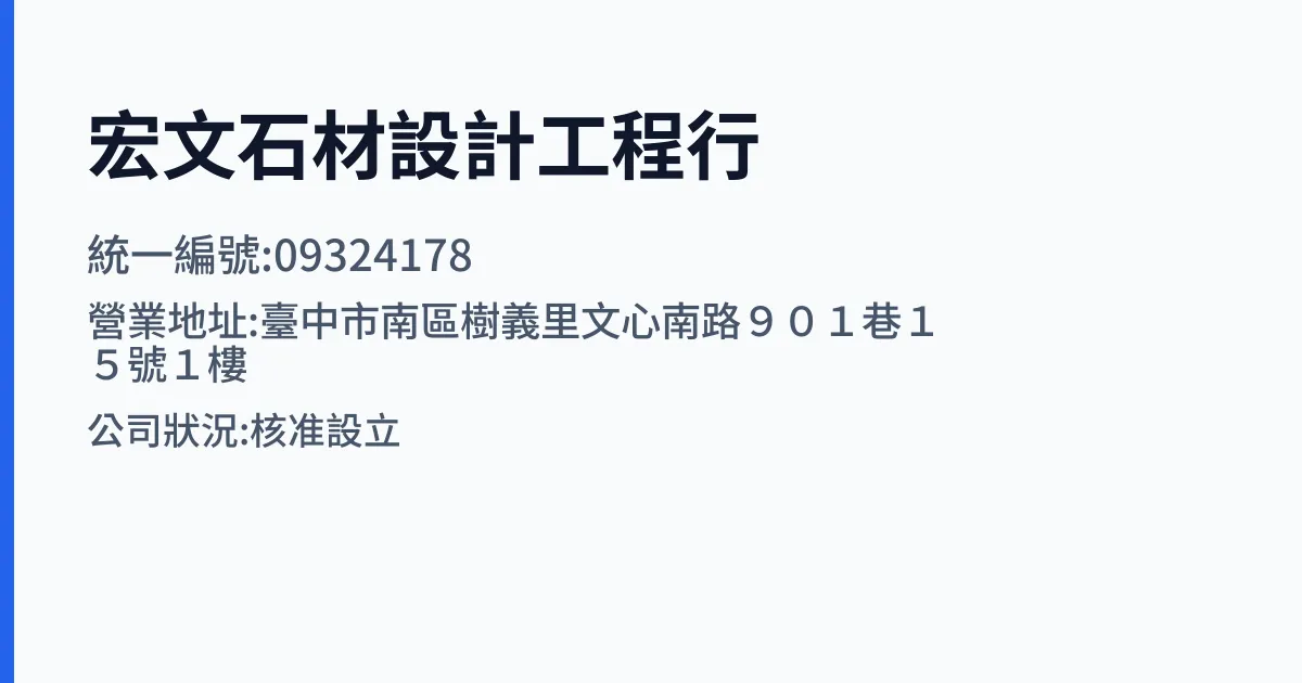 宏文石材設計工程行 - 統編 09324178(臺中市) 公司登記資料與營業項目詳細圖表