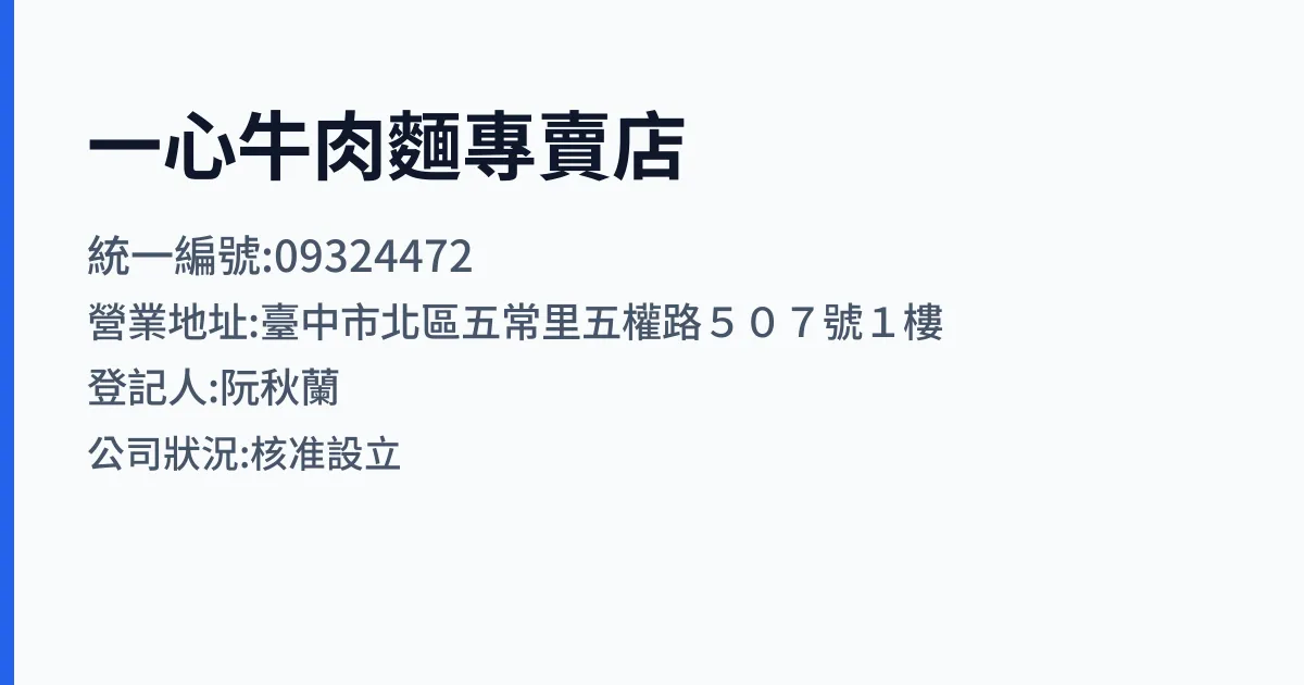 一心牛肉麵專賣店 - 統編 09324472(臺中市) 公司登記資料與營業項目詳細圖表