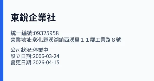 東銳企業社的照片-統編 09325958(彰化縣) 公司登記資料與營業項目詳細圖表
