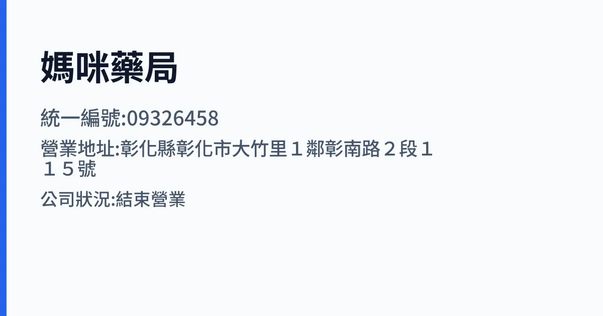媽咪藥局 - 統編 09326458(彰化縣) 公司登記資料與營業項目詳細圖表