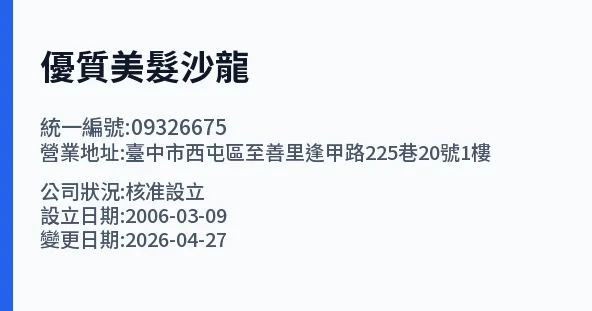 優質美髮沙龍的照片-統編 09326675(臺中市) 公司登記資料與營業項目詳細圖表