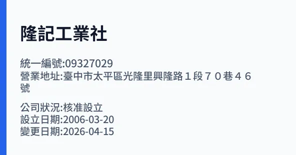 隆記工業社的照片-統編 09327029(臺中市) 公司登記資料與營業項目詳細圖表