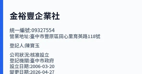 金裕豐企業社的照片-統編 09327554(臺中市) 公司登記資料與營業項目詳細圖表