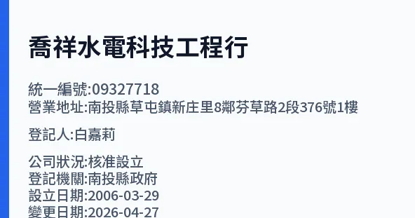 喬祥水電科技工程行的照片-統編 09327718(南投縣) 公司登記資料與營業項目詳細圖表