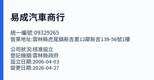 易成汽車商行的照片-統編 09329265(雲林縣) 公司登記資料與營業項目詳細圖表