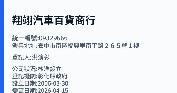 翔翊汽車百貨商行的照片-統編 09329666(臺中市) 公司登記資料與營業項目詳細圖表