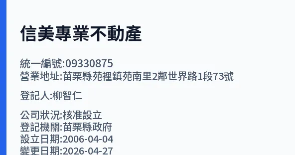 信美專業不動產的照片-統編 09330875(苗栗縣) 公司登記資料與營業項目詳細圖表