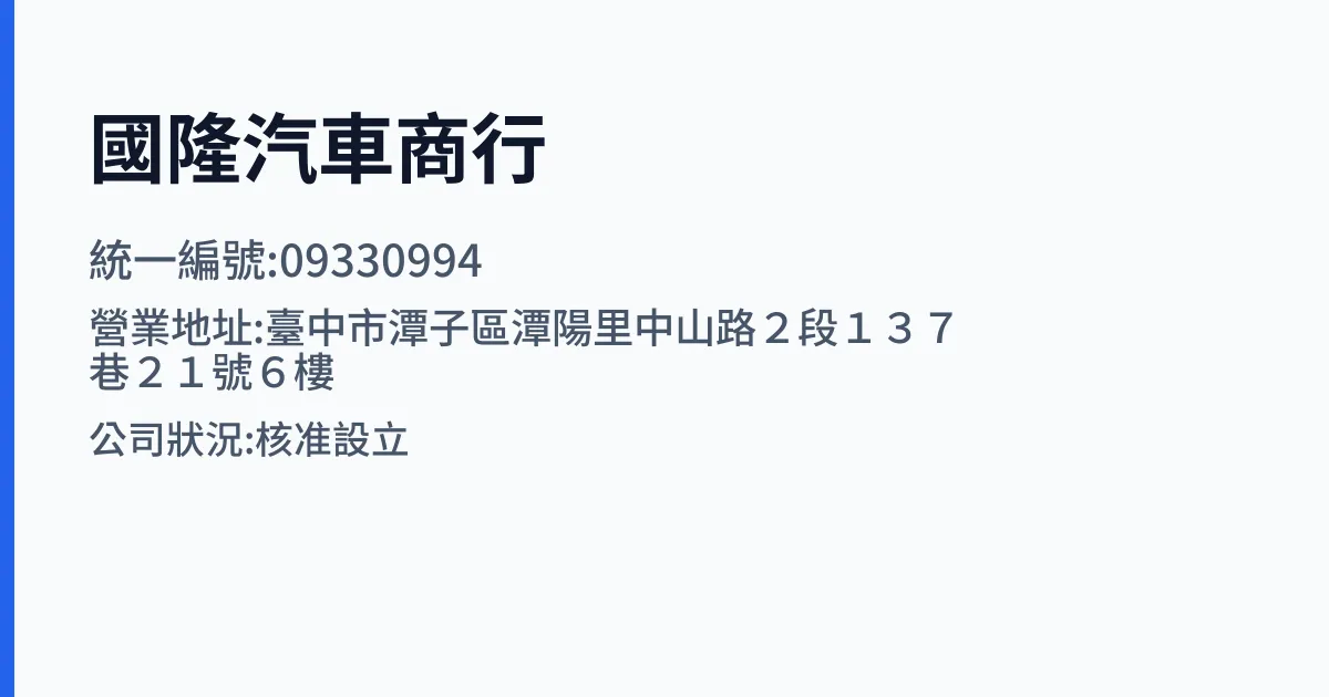 國隆汽車商行 - 統編 09330994(臺中市) 公司登記資料與營業項目詳細圖表