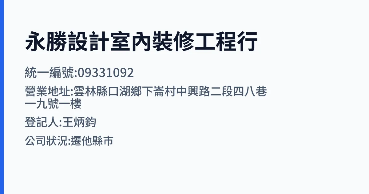 永勝設計室內裝修工程行 - 統編 09331092(新北市) 公司登記資料與營業項目詳細圖表