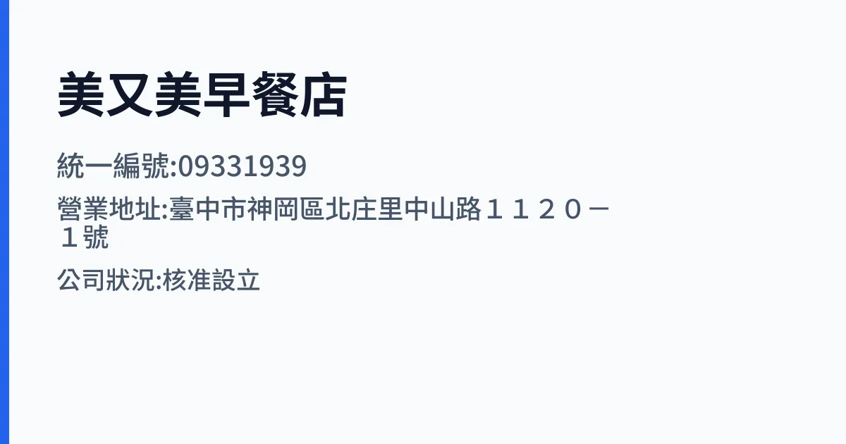 美又美早餐店 - 統編 09331939(臺中市) 公司登記資料與營業項目詳細圖表