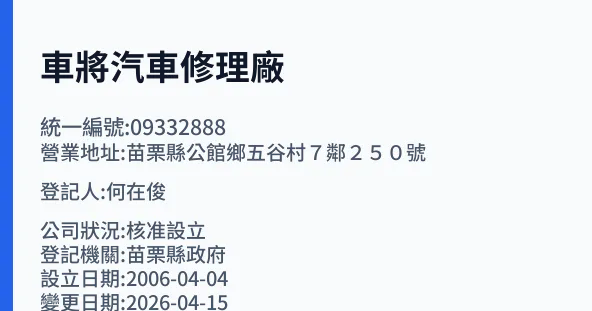 車將汽車修理廠的照片-統編 09332888(苗栗縣) 公司登記資料與營業項目詳細圖表