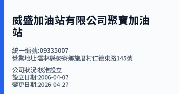 威盛加油站有限公司聚寶加油站的照片-統編 09335007(雲林縣) 公司登記資料與營業項目詳細圖表