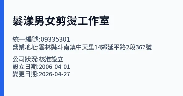 髮漾男女剪燙工作室的照片-統編 09335301(雲林縣) 公司登記資料與營業項目詳細圖表
