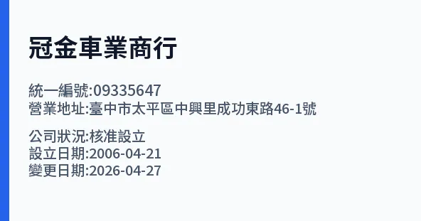 冠金車業商行的照片-統編 09335647(臺中市) 公司登記資料與營業項目詳細圖表