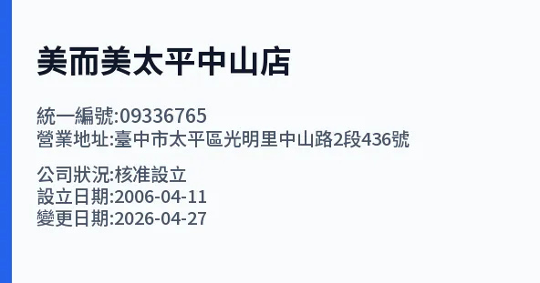 美而美太平中山店的照片-統編 09336765(臺中市) 公司登記資料與營業項目詳細圖表