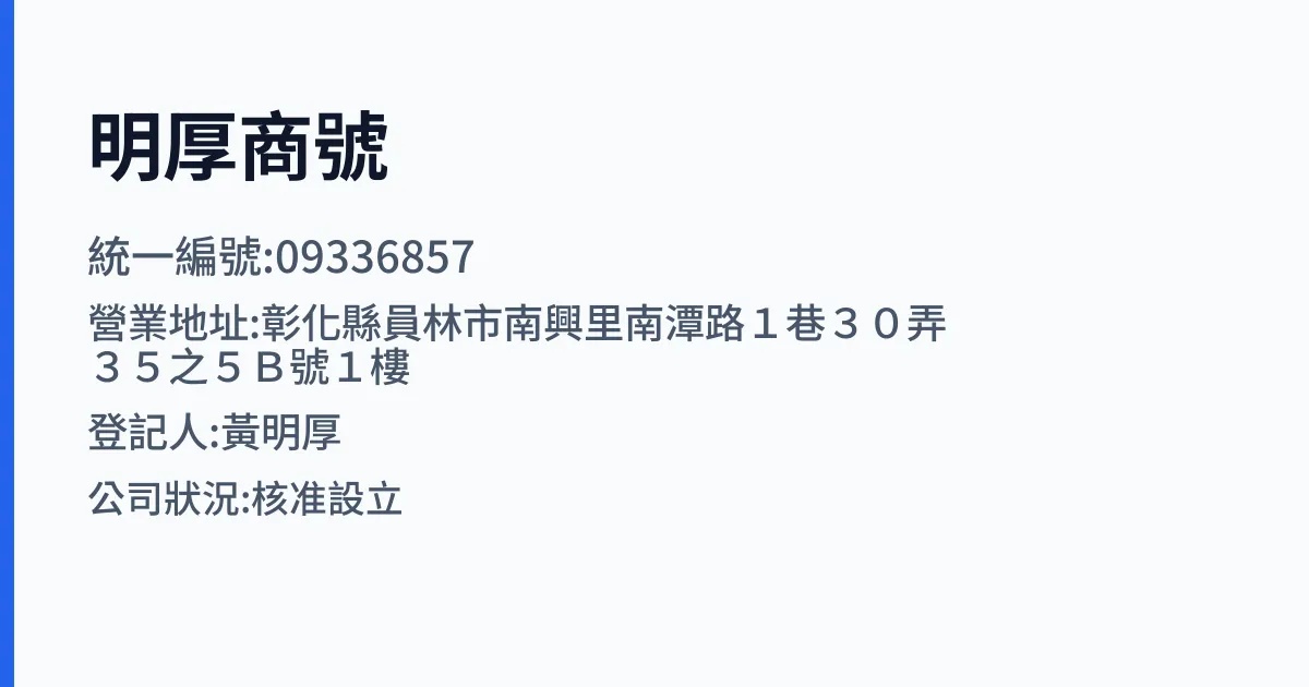 明厚商號 - 統編 09336857(彰化縣) 公司登記資料與營業項目詳細圖表