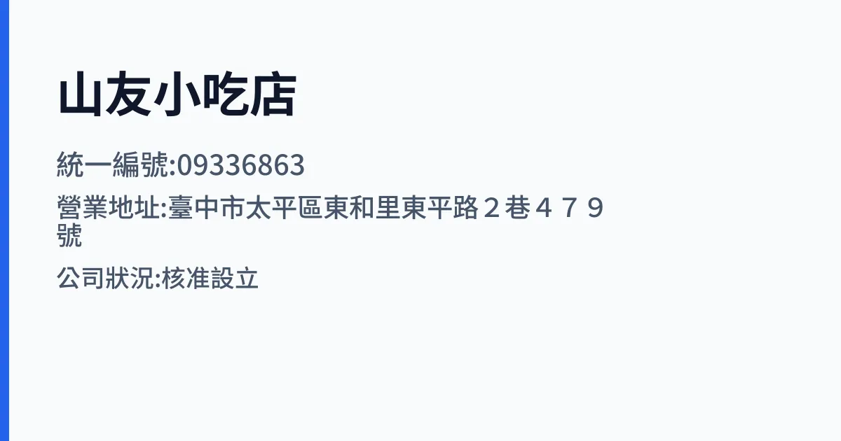 山友小吃店 - 統編 09336863（臺中市） 公司登記資料與營業項目詳細圖表