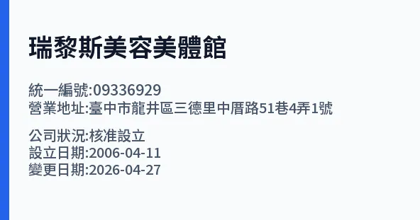 瑞黎斯美容美體館的照片-統編 09336929(臺中市) 公司登記資料與營業項目詳細圖表