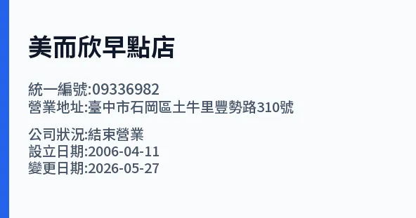 美而欣早點店的照片-統編 09336982(臺中市) 公司登記資料與營業項目詳細圖表