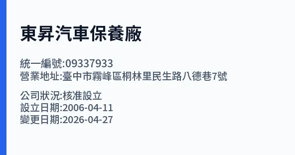 東昇汽車保養廠的照片-統編 09337933(臺中市) 公司登記資料與營業項目詳細圖表