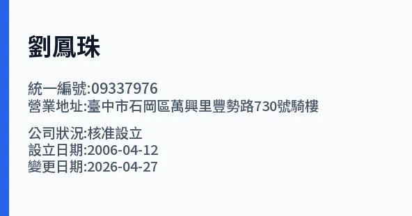 劉鳳珠的照片-統編 09337976(臺中市) 公司登記資料與營業項目詳細圖表