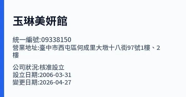 玉琳美妍館的照片-統編 09338150(臺中市) 公司登記資料與營業項目詳細圖表
