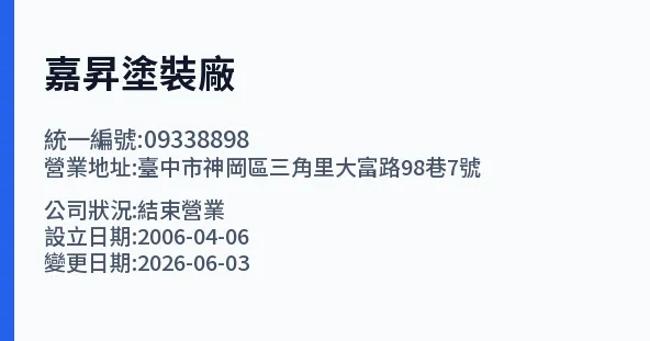 嘉昇塗裝廠的照片-統編 09338898(臺中市) 公司登記資料與營業項目詳細圖表