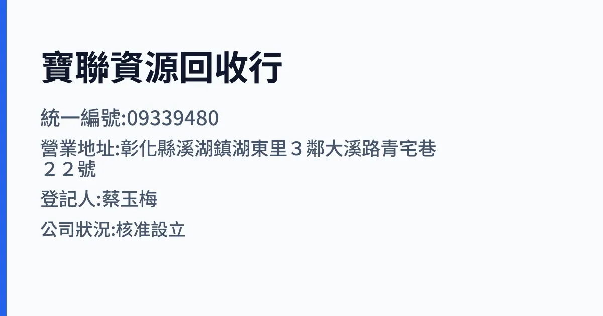 寶聯資源回收行 - 統編 09339480(彰化縣) 公司登記資料與營業項目詳細圖表