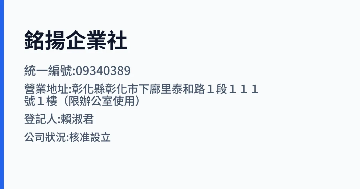 銘揚企業社 - 統編 09340389(彰化縣) 公司登記資料與營業項目詳細圖表