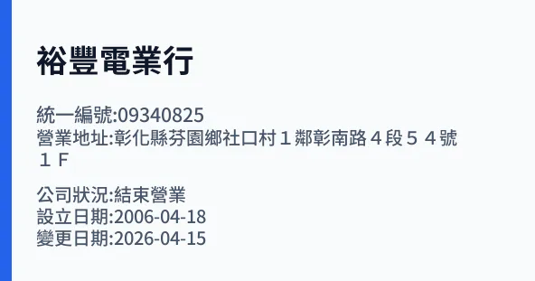 裕豐電業行的照片-統編 09340825(彰化縣) 公司登記資料與營業項目詳細圖表