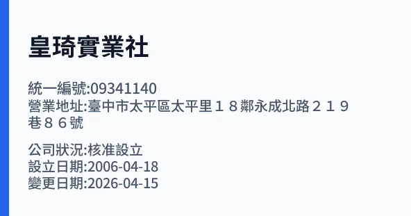 皇琦實業社的照片-統編 09341140(臺中市) 公司登記資料與營業項目詳細圖表