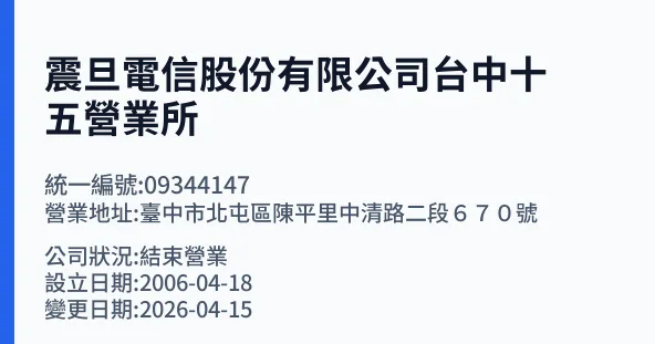 震旦電信股份有限公司台中十五營業所的照片-統編 09344147(臺中市) 公司登記資料與營業項目詳細圖表
