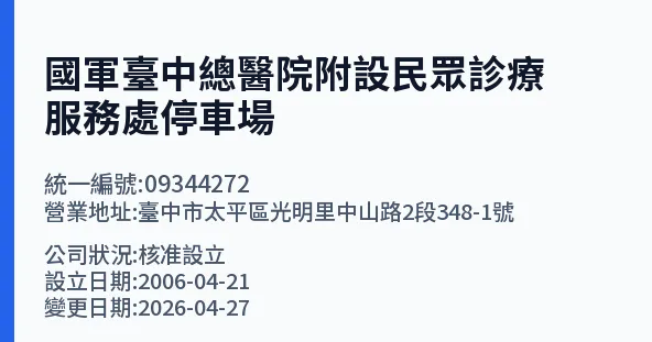 國軍臺中總醫院附設民眾診療服務處停車場的照片-統編 09344272(臺中市) 公司登記資料與營業項目詳細圖表