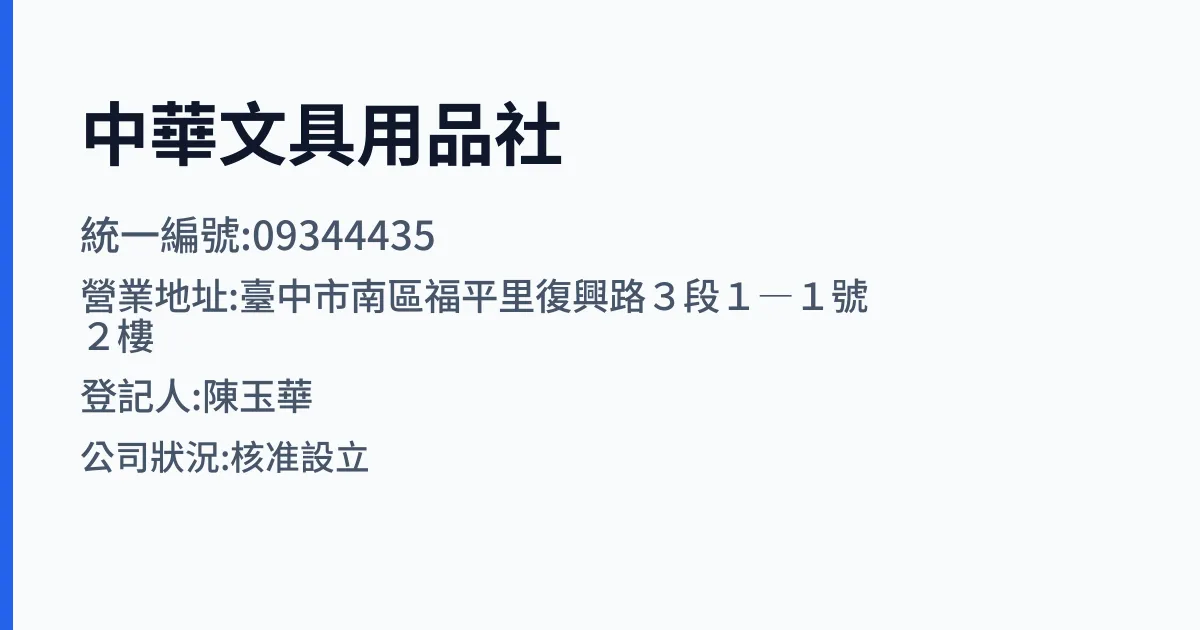 中華文具用品社 - 統編 09344435(臺中市) 公司登記資料與營業項目詳細圖表
