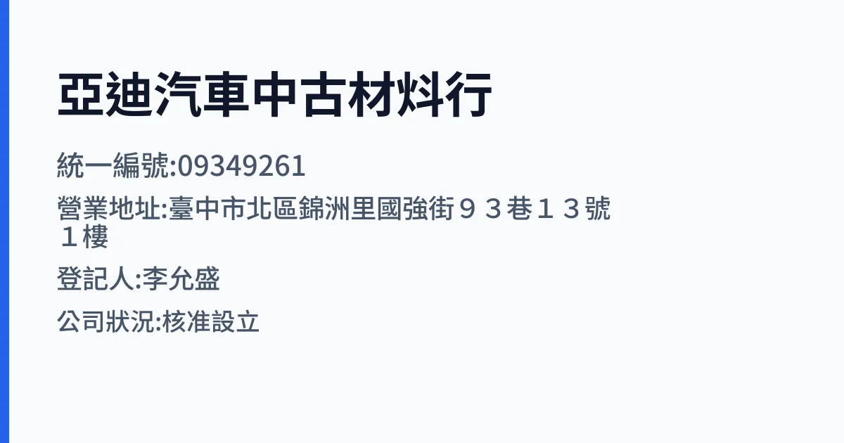 亞迪汽車中古材炓行 - 統編 09349261(臺中市) 公司登記資料與營業項目詳細圖表